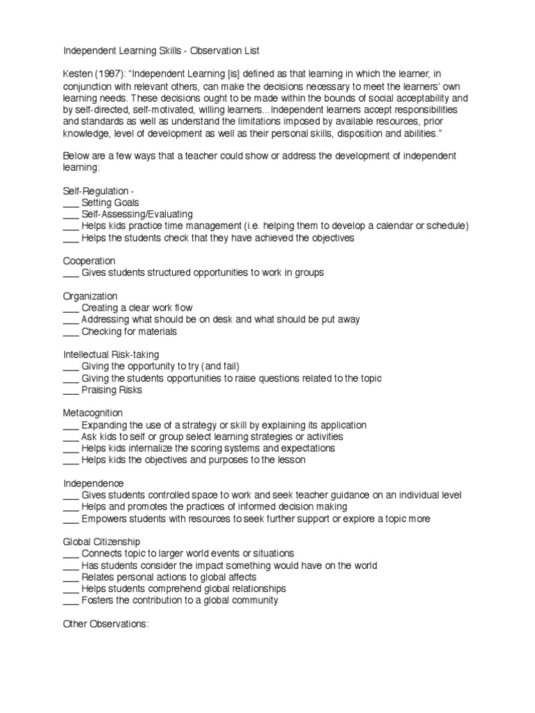 Independent Learning Observation Checklist by Skill | PDF