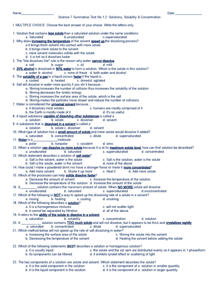 Summative Test 1 | PDF | Solution | Solubility