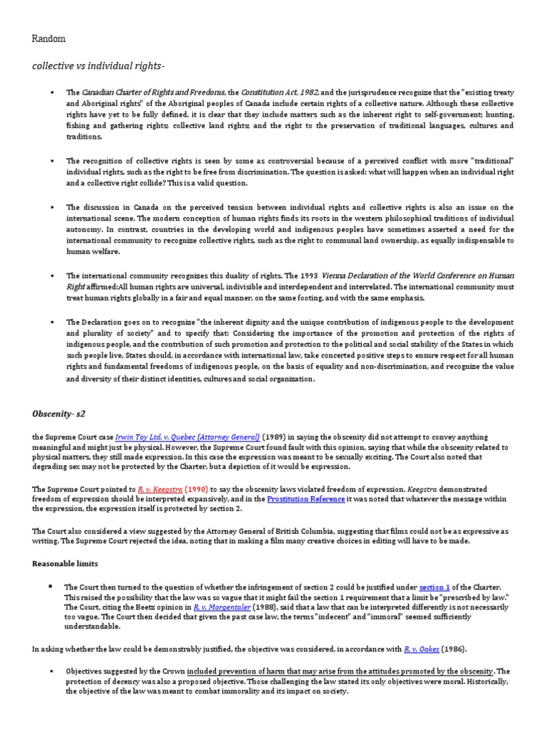 Collective Vs Individual Rights-: Random | PDF | Obscenity | Rights