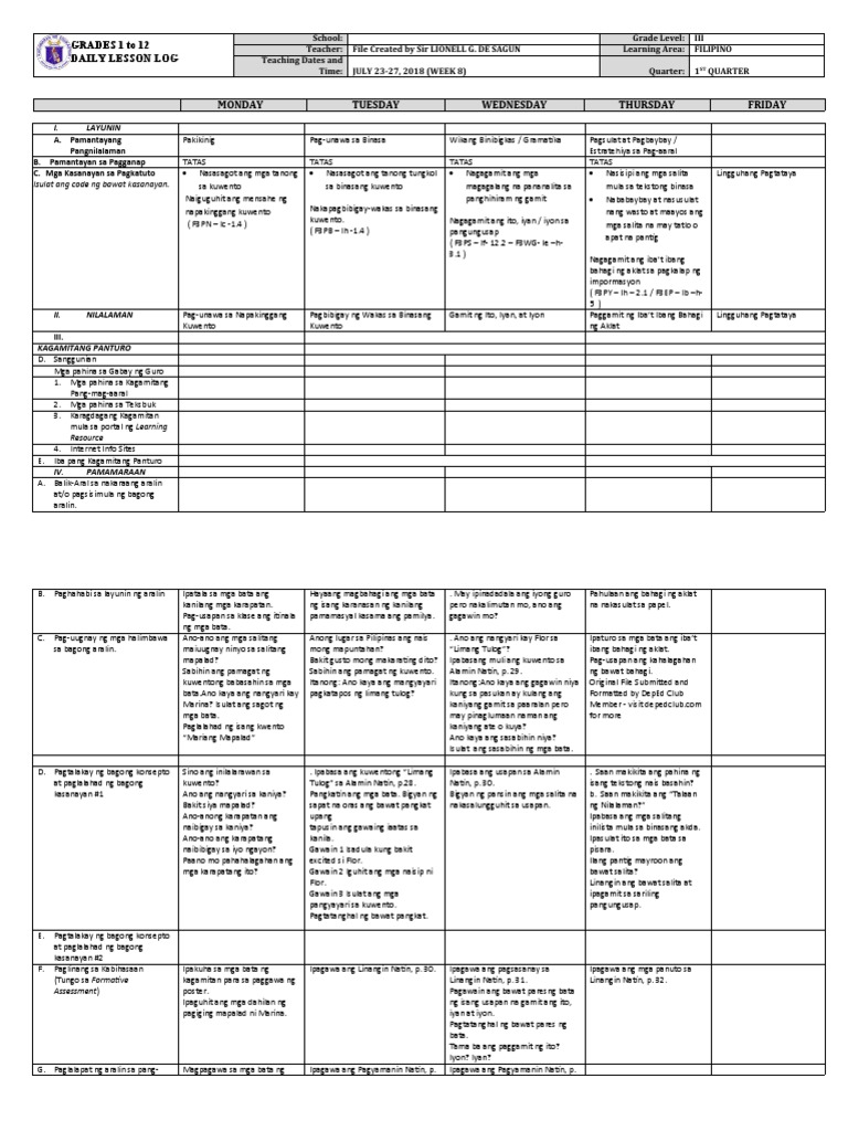 DLL - Filipino 3 - Q1 - W8 | PDF