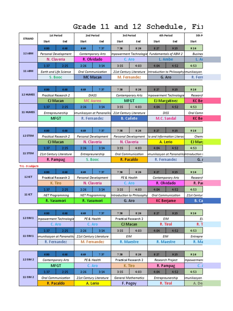 Grade 11 and 12 Class Schedule for the First Semester of SY 2019-2020 ...