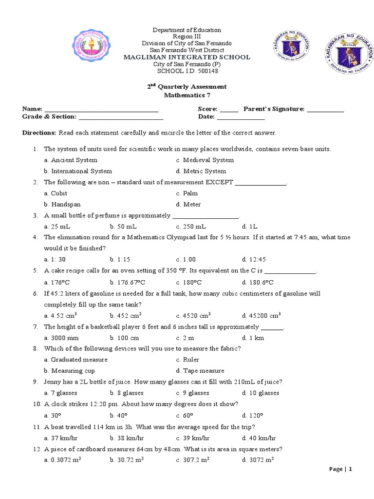 Grade 7 Math 2nd Quarter Test | PDF | Polynomial | Length