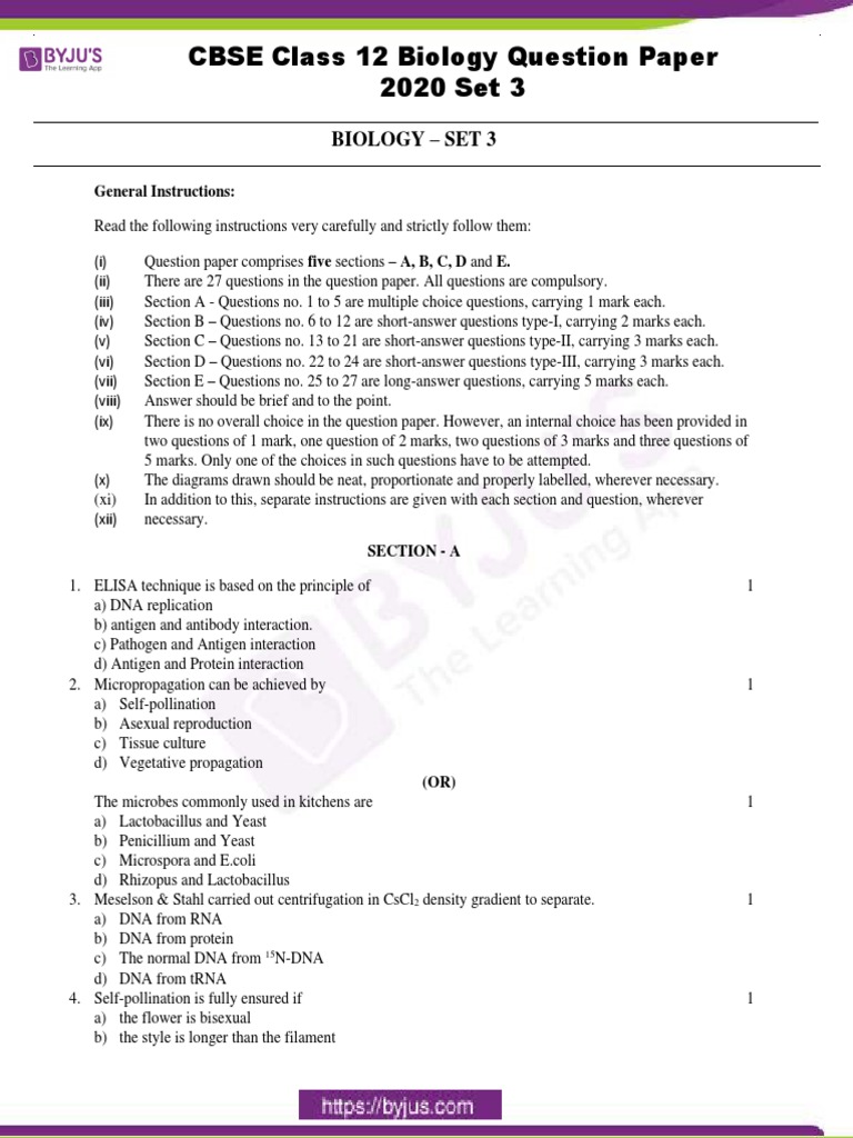 Class 12 Biology Question Paper 2020 | PDF | Reproduction | Cell (Biology)
