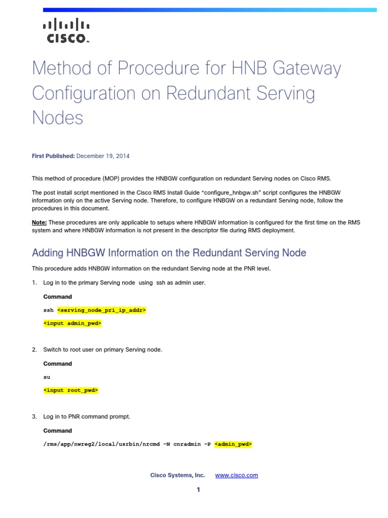 MOP For HNBGW Config On Redundant Serving Node | PDF | Radius | Secure Shell