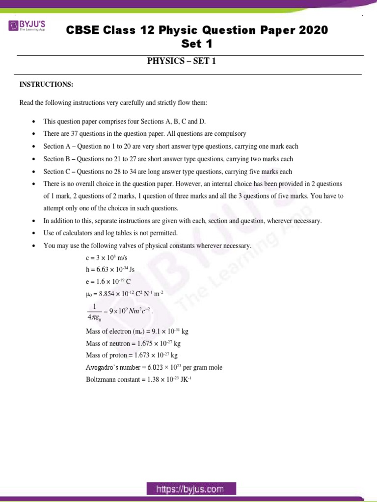 CBSE Class 12 Physics Question Paper 2020 Set 1 | PDF ...