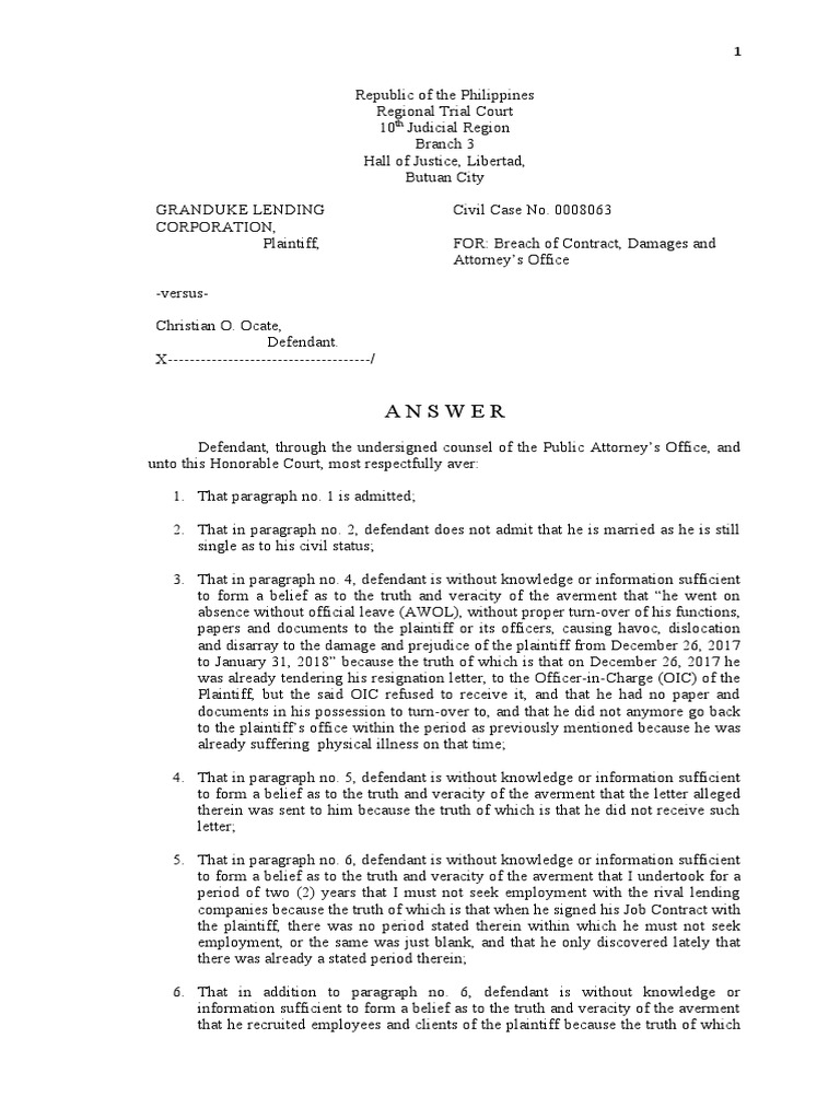 ANSWER To Complaint | PDF | Lawsuit | Damages