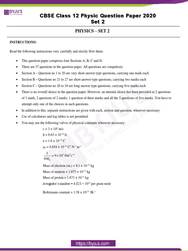 CBSE Class 12 Physic Question Paper 2020 Set 2 | PDF | Electron ...