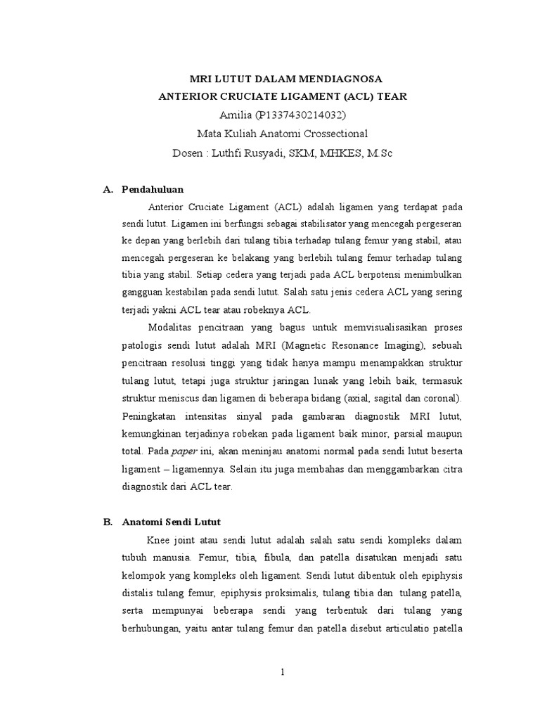 MRI Lutut Dalam Mendiagnosa ACL Tear Tug | PDF
