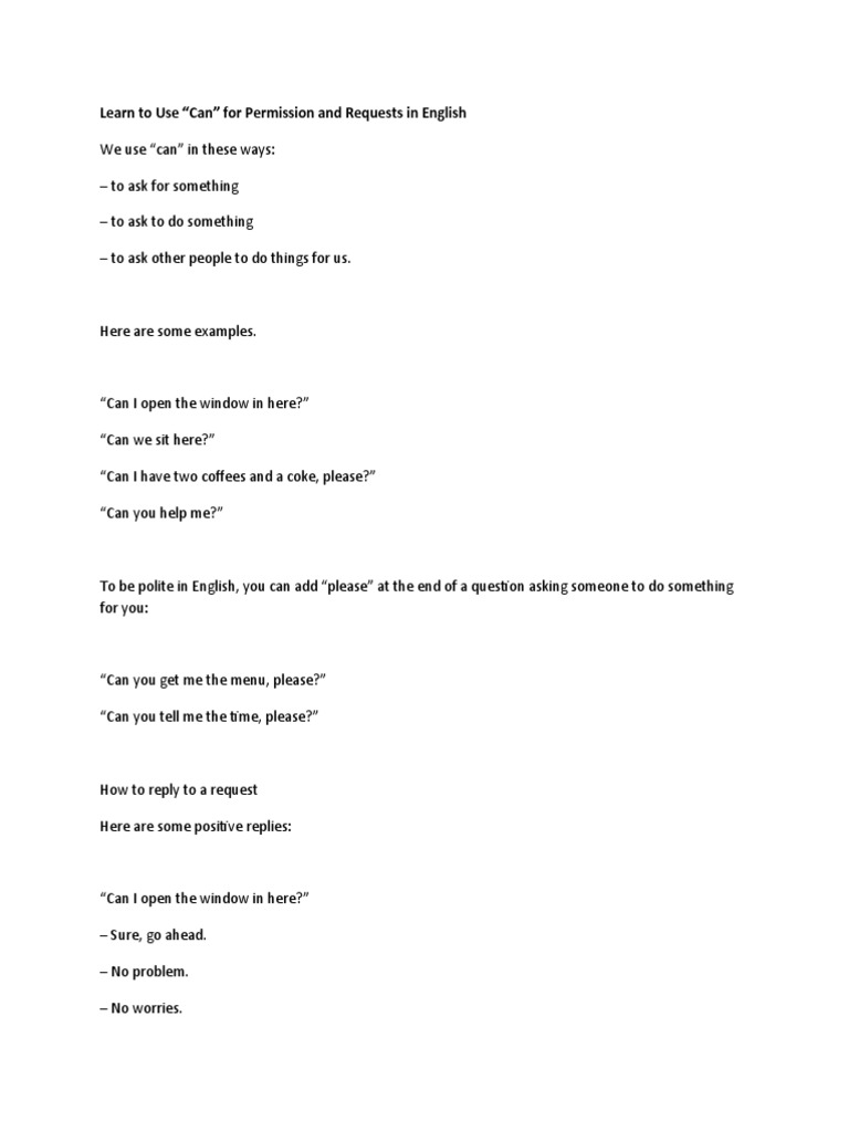 Learn To Use "Can" For Permission and Requests in English | PDF ...