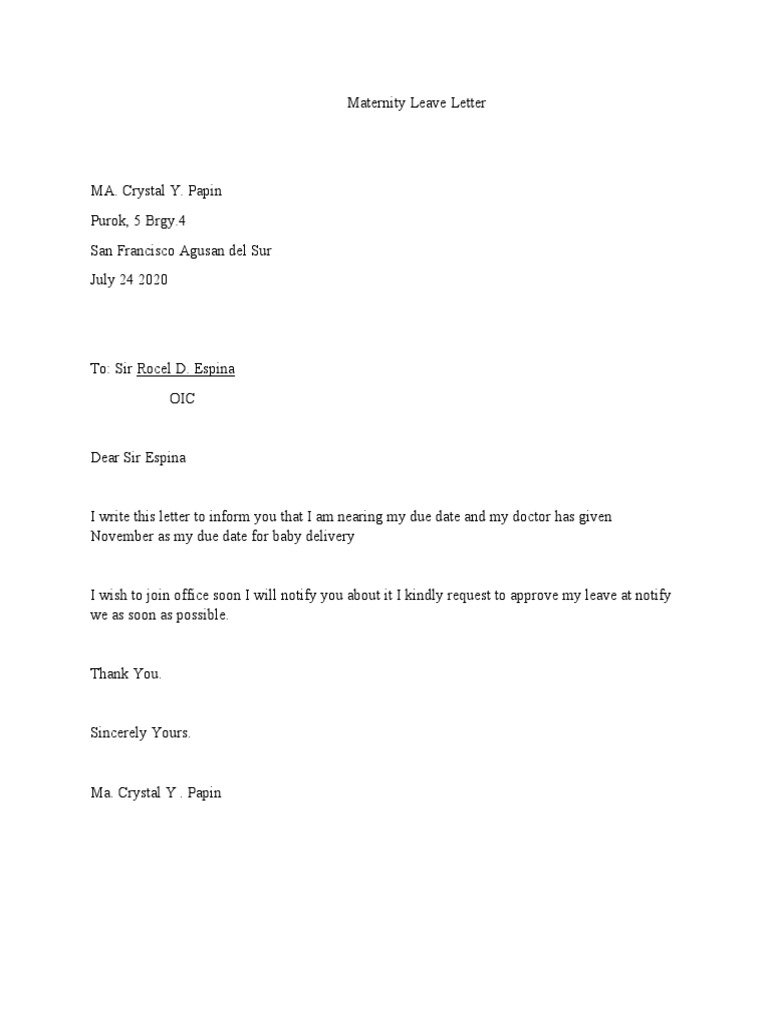 Maternity Leave Request Letter | PDF | Self-Improvement