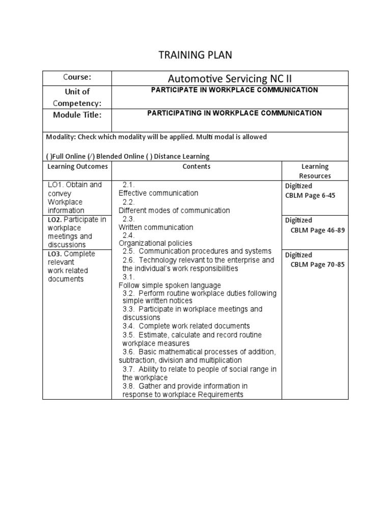 Training Plan Automotive Servicing NC II: Course: Unit of Competency ...