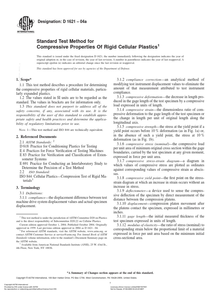 021-Astm D 1621 2004 Compressive Properties of Rigid Cellular Plastics ...