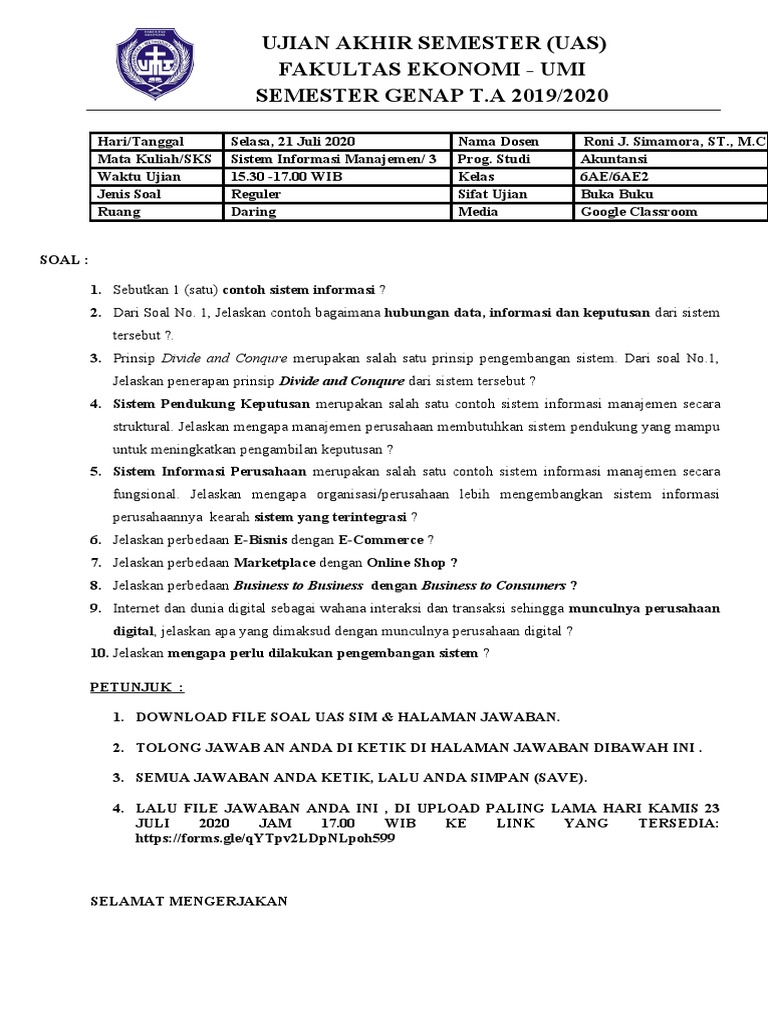 SOAL UAS SIM & HALAMAN JAWABAN Ika Mastayana Purba | PDF