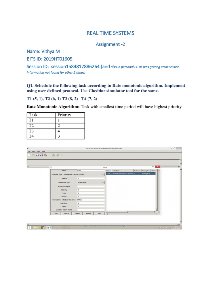 Real Time Systems: Assignment - 2 Name: Vithya M BITS ID: 2019HT01605 Session ID ...