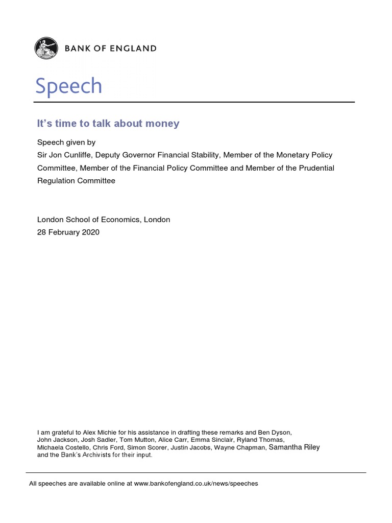Its Time To Talk About Money Speech by Jon Cunliffe | PDF | Money | Cash