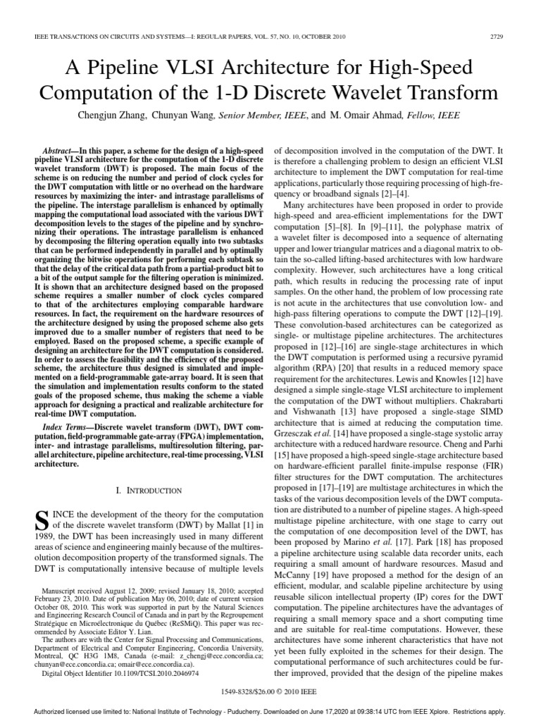 A Pipeline VLSI Architecture For High-Speed Computation of The 1-D Discrete Wavelet Transform ...