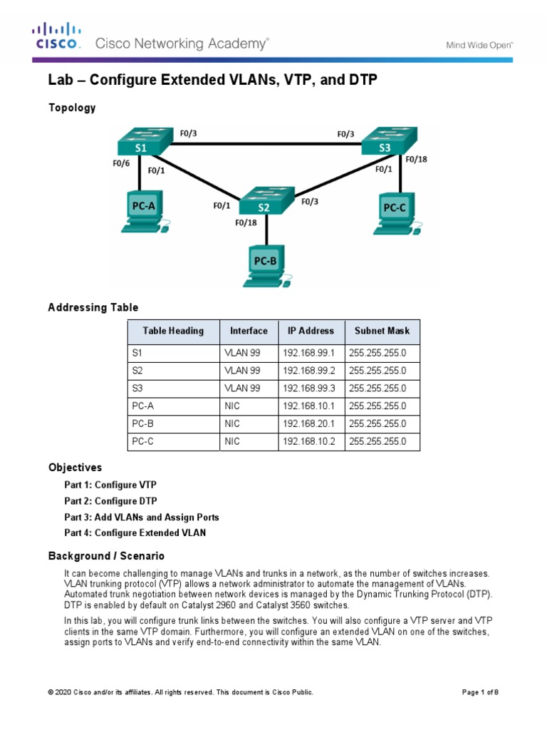 Lab 2 Configure Extended VLANs, VTP and DTP | PDF | Cisco ...