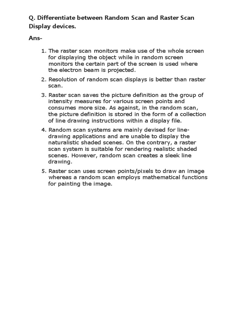Q. Differentiate Between Random Scan and Raster Scan Display Devices ...