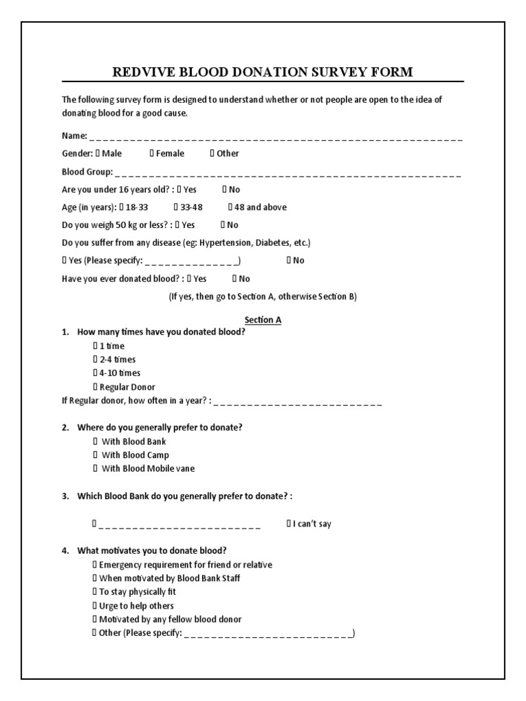 Survey Form | PDF | Blood Donation | Medical Specialties