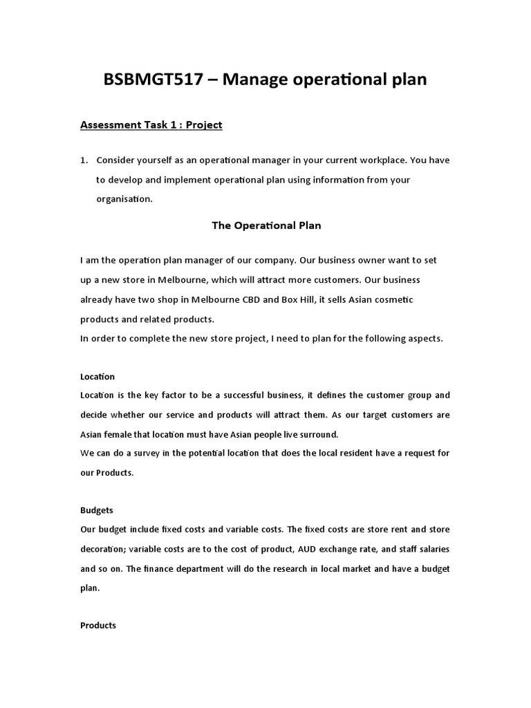 BSBMGT517 - Manage Operational Plan: Assessment Task 1: Project | PDF ...