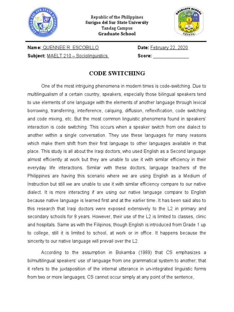 Code Switching: Surigao Del Sur State University | Download Free PDF | Multilingualism | Applied ...