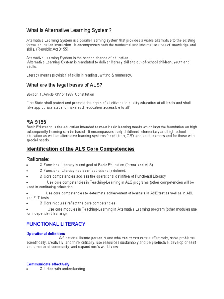 What Is Alternative Learning System | PDF | Literacy | Competence ...