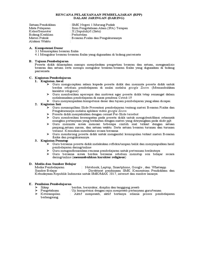 3.1 RPP Besaran Fisika Dan Pengukurannya (Daring) | PDF | Karier & Perkembangan