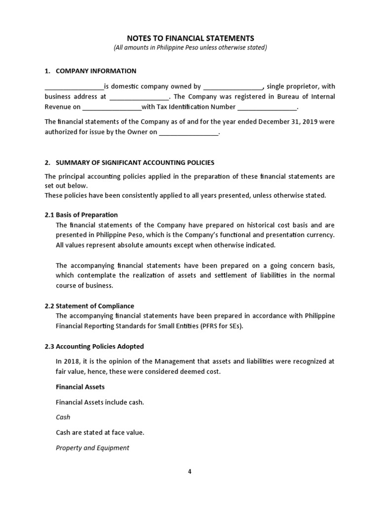 Sample Notes To Financial Statements For Single Proprietor | PDF ...