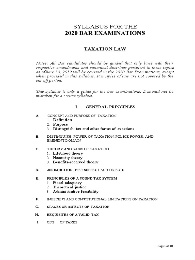 2020 Bar Exam Taxation Law Syllabus | PDF | Taxation In The United ...