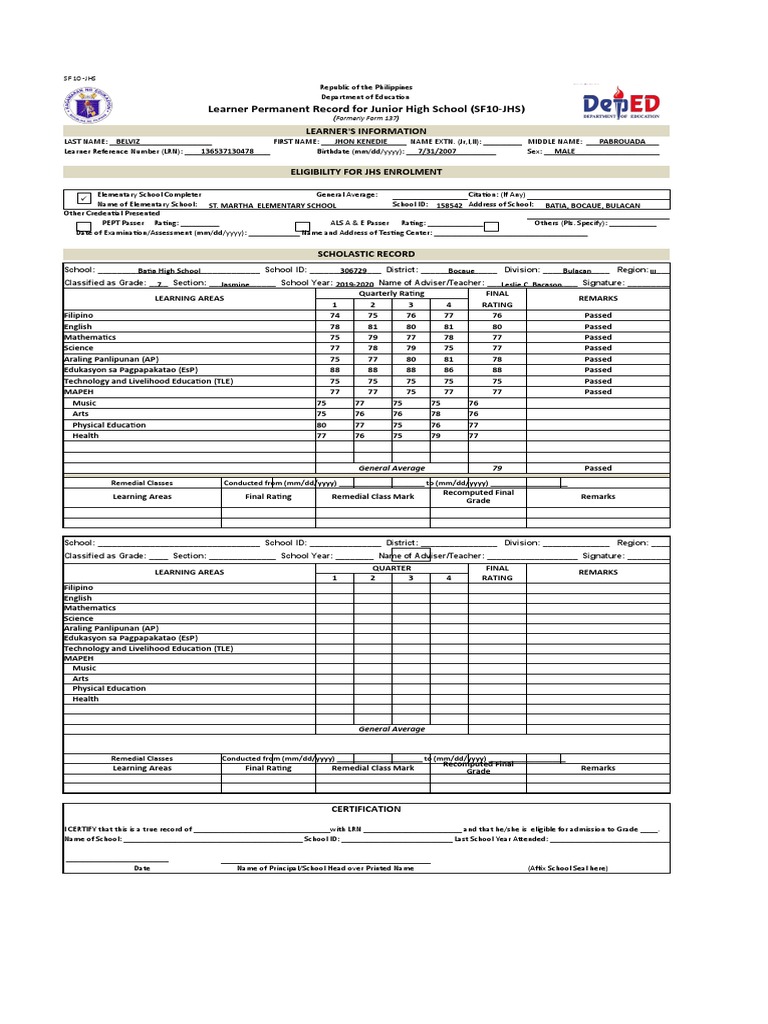 Learner Permanent Record For Junior High School (SF10-JHS) | PDF ...