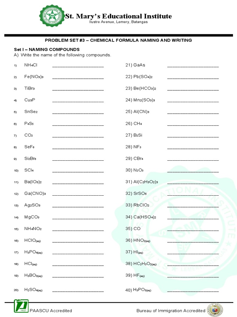 Chemical Formula Naming Practice | PDF | Nitrogen | Acid