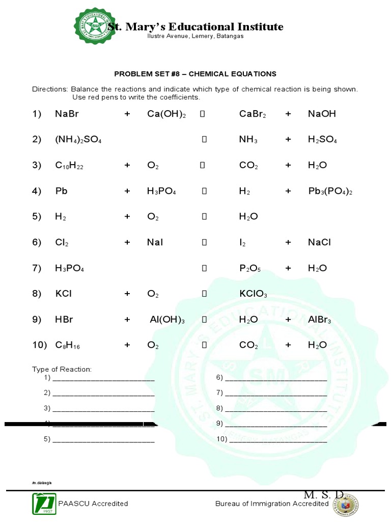 WS8 - Balancing and Types of Chemical Equations | PDF