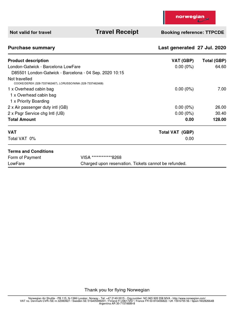 Norwegian Air Travel Receipt for Unused Flight from London Gatwick to ...
