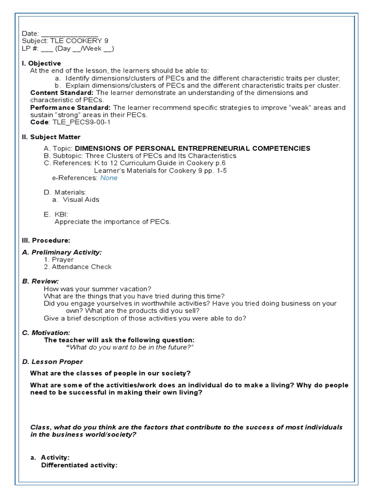 Lesson Plan - Pecs | PDF | Entrepreneurship | Lesson Plan