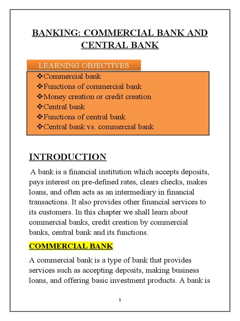 Banking: Commercial Bank and Central Bank: Learning Objectives ...