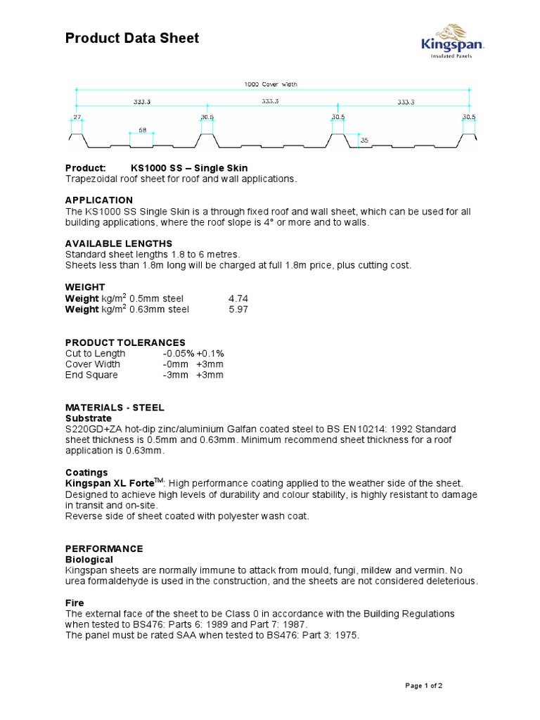 KS1000 SS Single Skin Product Data - 2016 RG PDF | PDF | Sheet Metal | Roof