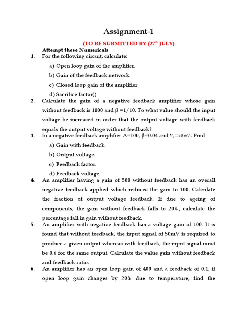 Assignment 1 Attempt These Numericals 1 Pdf Amplifier Feedback 9396