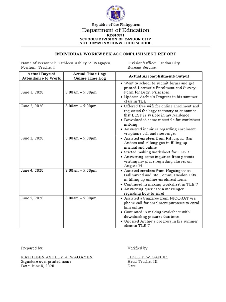 Department of Education: Individual Workweek Accomplishment Report ...