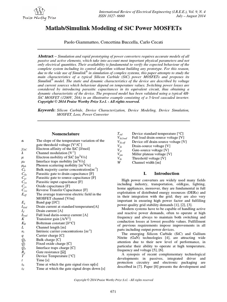 Matlab Simulink Modeling Of Sic Power Mosfets Paolo Giammatteo Concettina Buccella Carlo