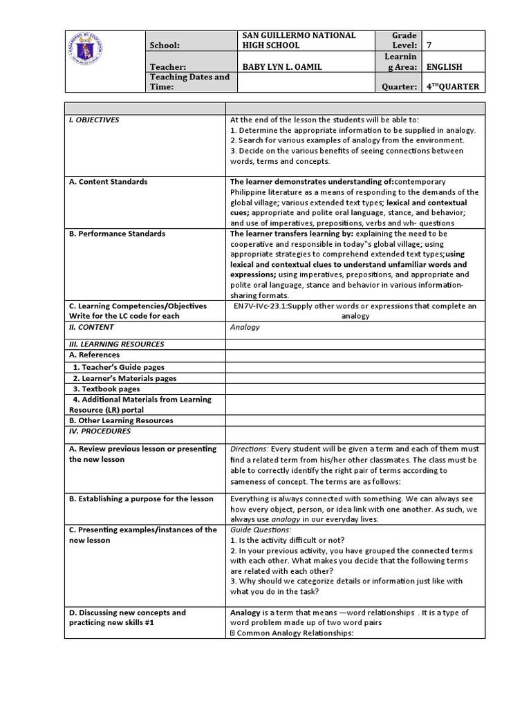 DLP Grade 7 Analogy | PDF | Analogy | Concept