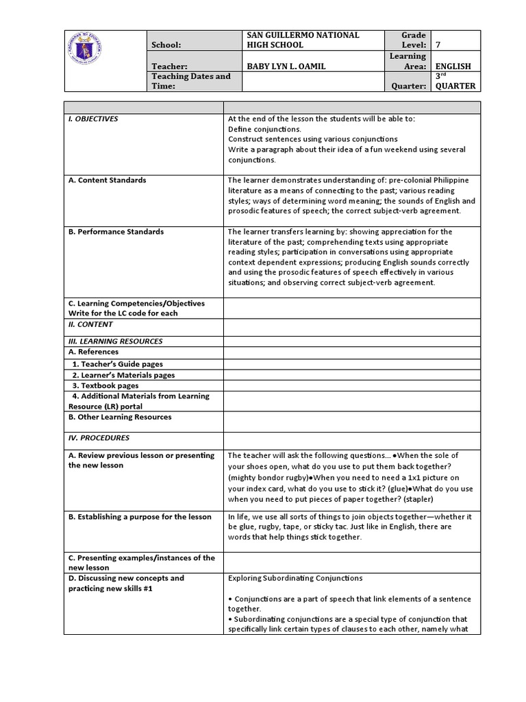Grade 7 Conjunctions Lesson Plan | PDF | Sentence (Linguistics) | Learning