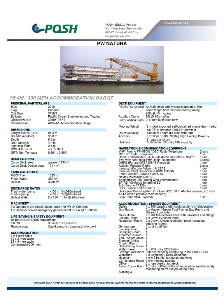 PW Natuna: 95.4M / 300 Men Accommodation Barge | PDF | Water Transport | Ships