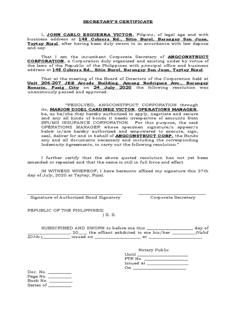 Secretary's Certificate For Bonds Application | PDF | Signature ...