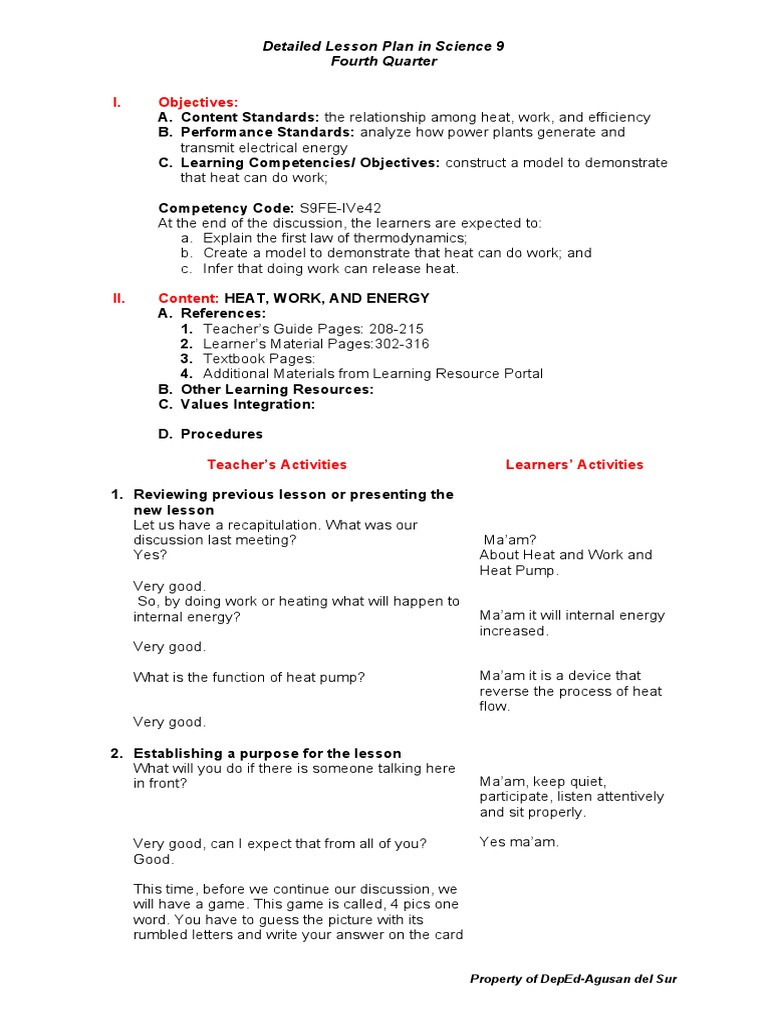 Lesson Plan For Science | PDF | Heat | Engines
