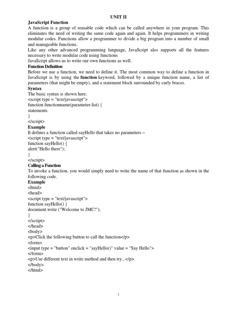 Unit Ii Javascript Function | PDF | Subroutine | Parameter (Computer ... Unit Ii Javascript Function | PDF | Subroutine | Parameter (Computer ...