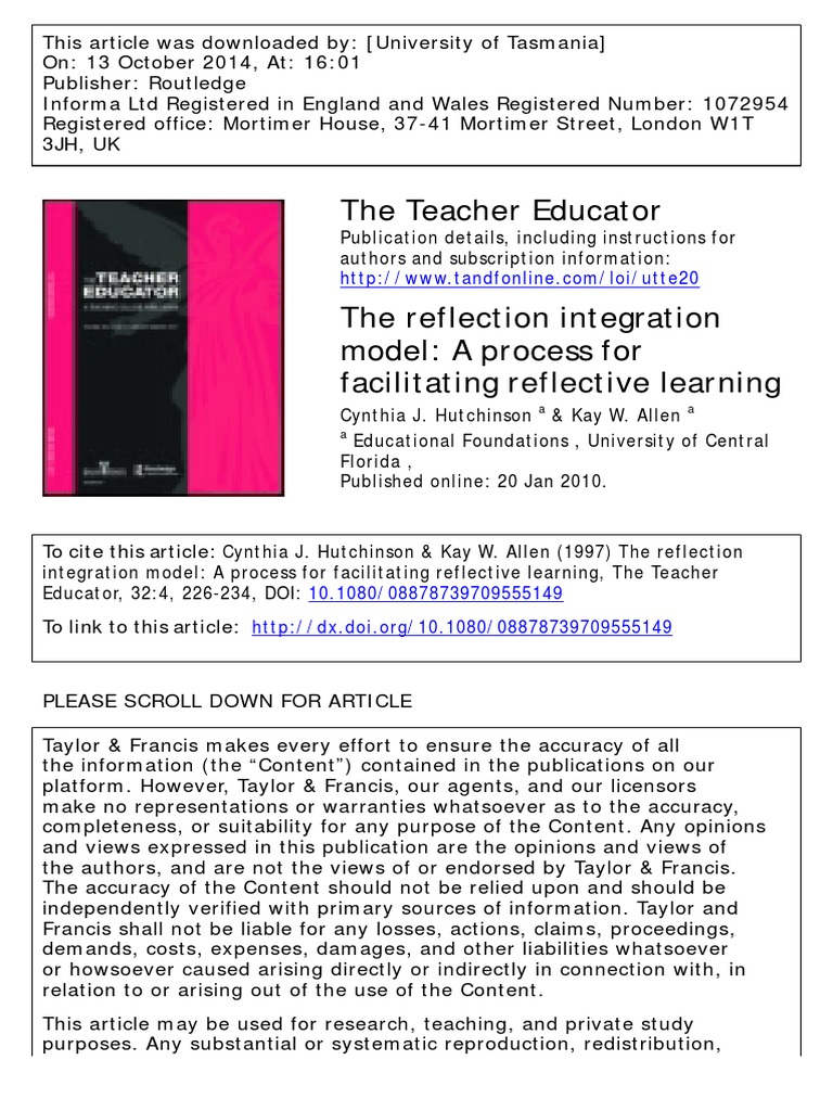 Hutchinson and Allen - 1997 - Reflection Integration Model | PDF | Learning Styles | Teachers