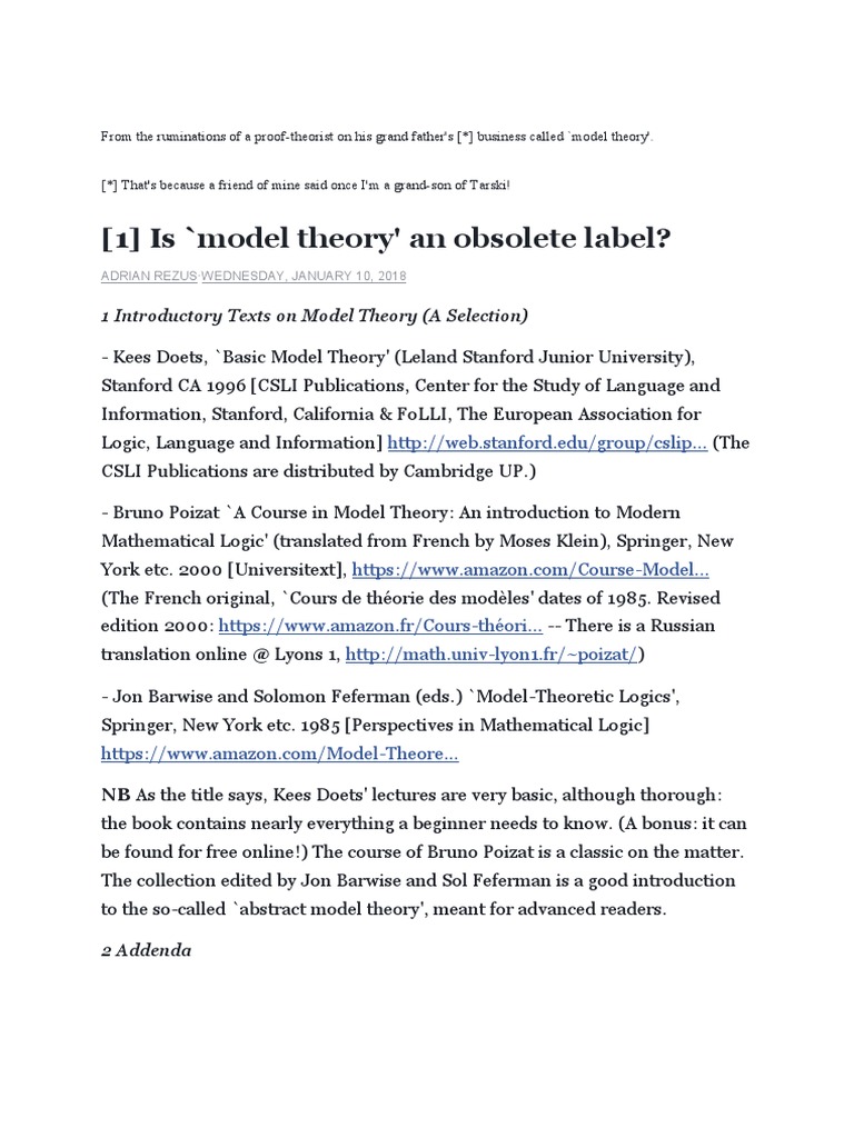 Is 'Model Theory' An Obsolete Label? | PDF | Logic | Inference