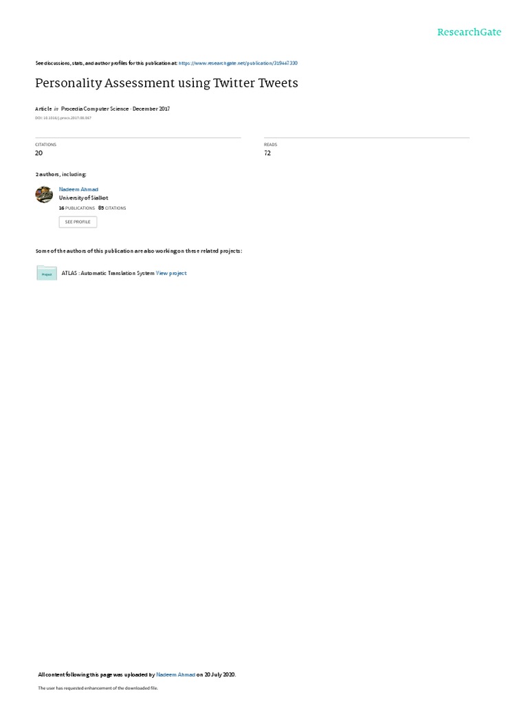 Personality Assessment Using Twitter Tweets: Procedia Computer Science ...