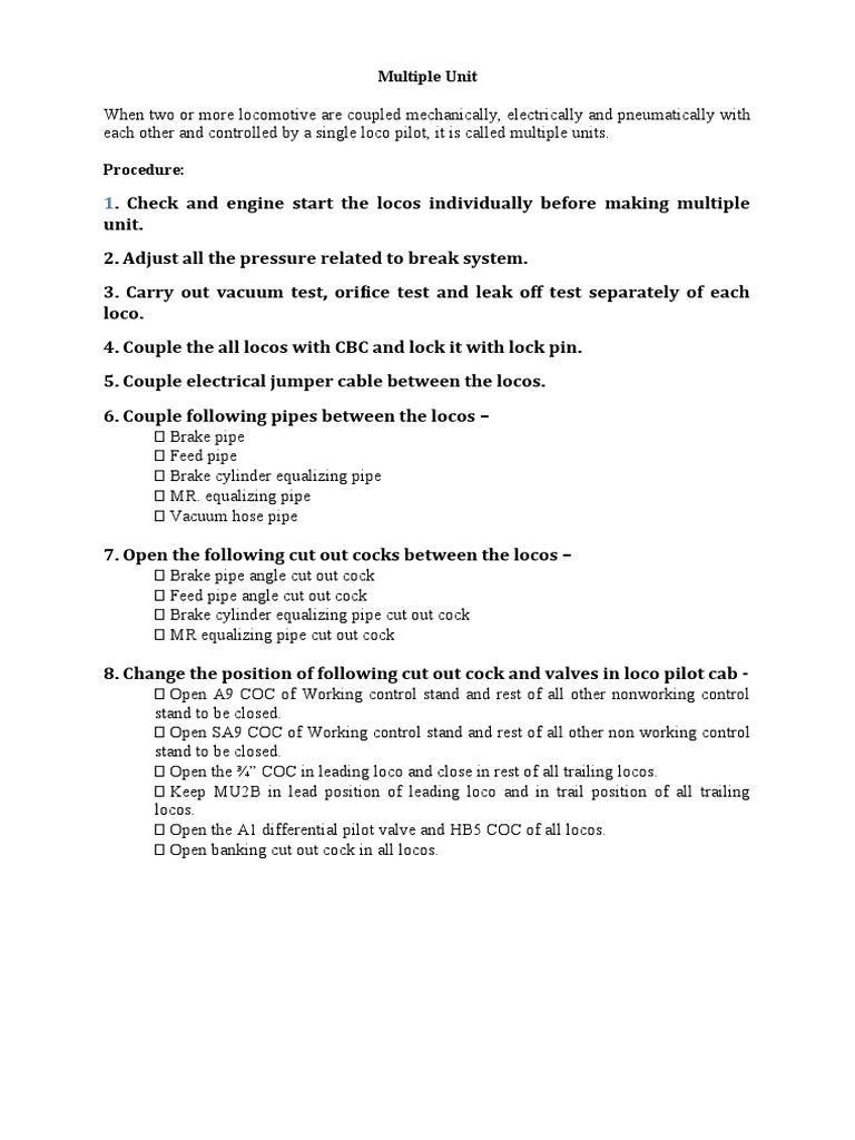 Multiple Unit Loco Operation | PDF | Locomotives | Mechanical Engineering