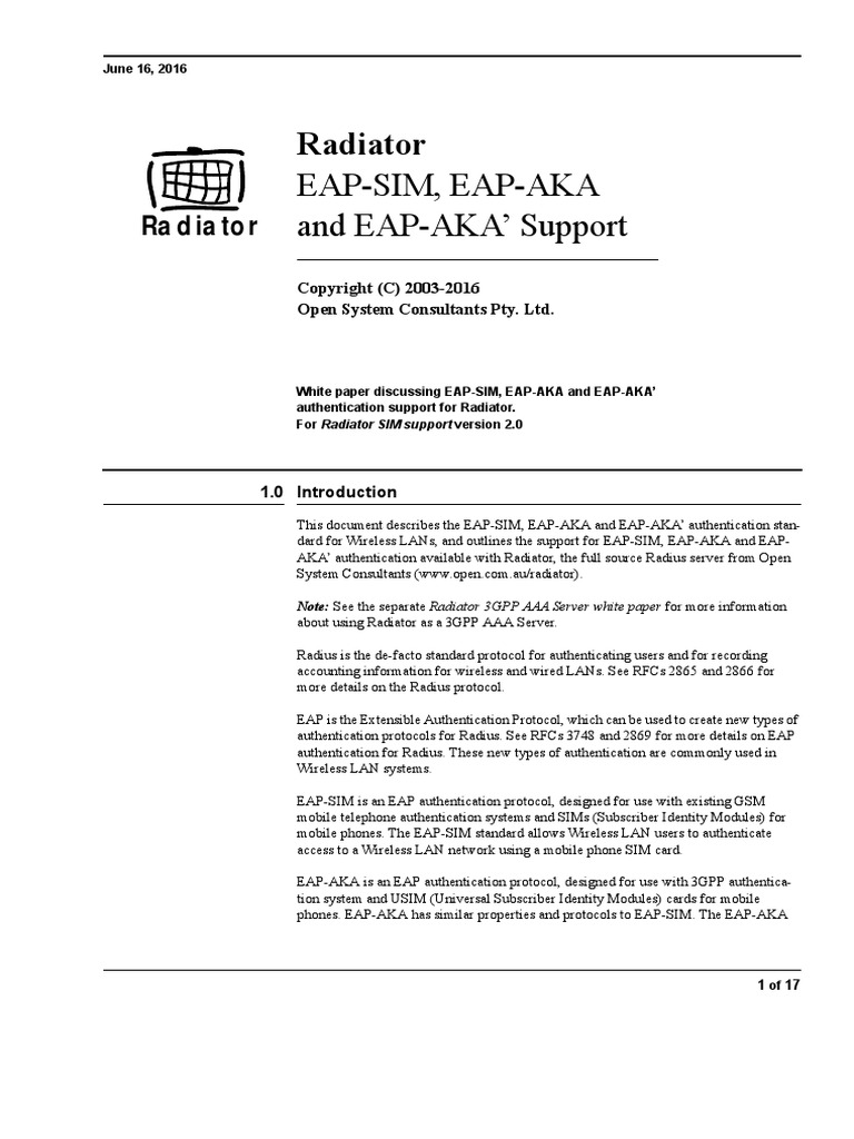 Radiator: Eap-Sim, Eap-Aka and EAP-AKA' Support | PDF | Radius ...